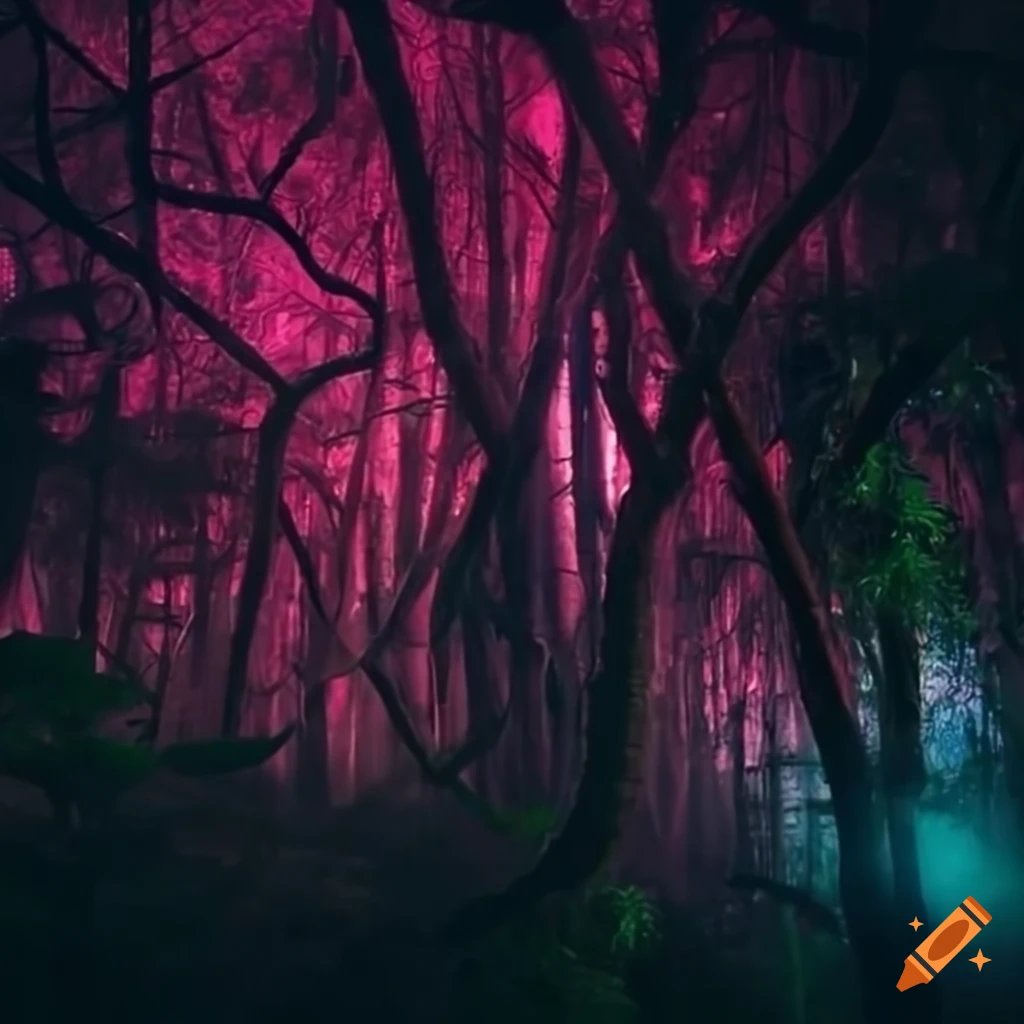 Neon jungle with vibrant trees on Craiyon