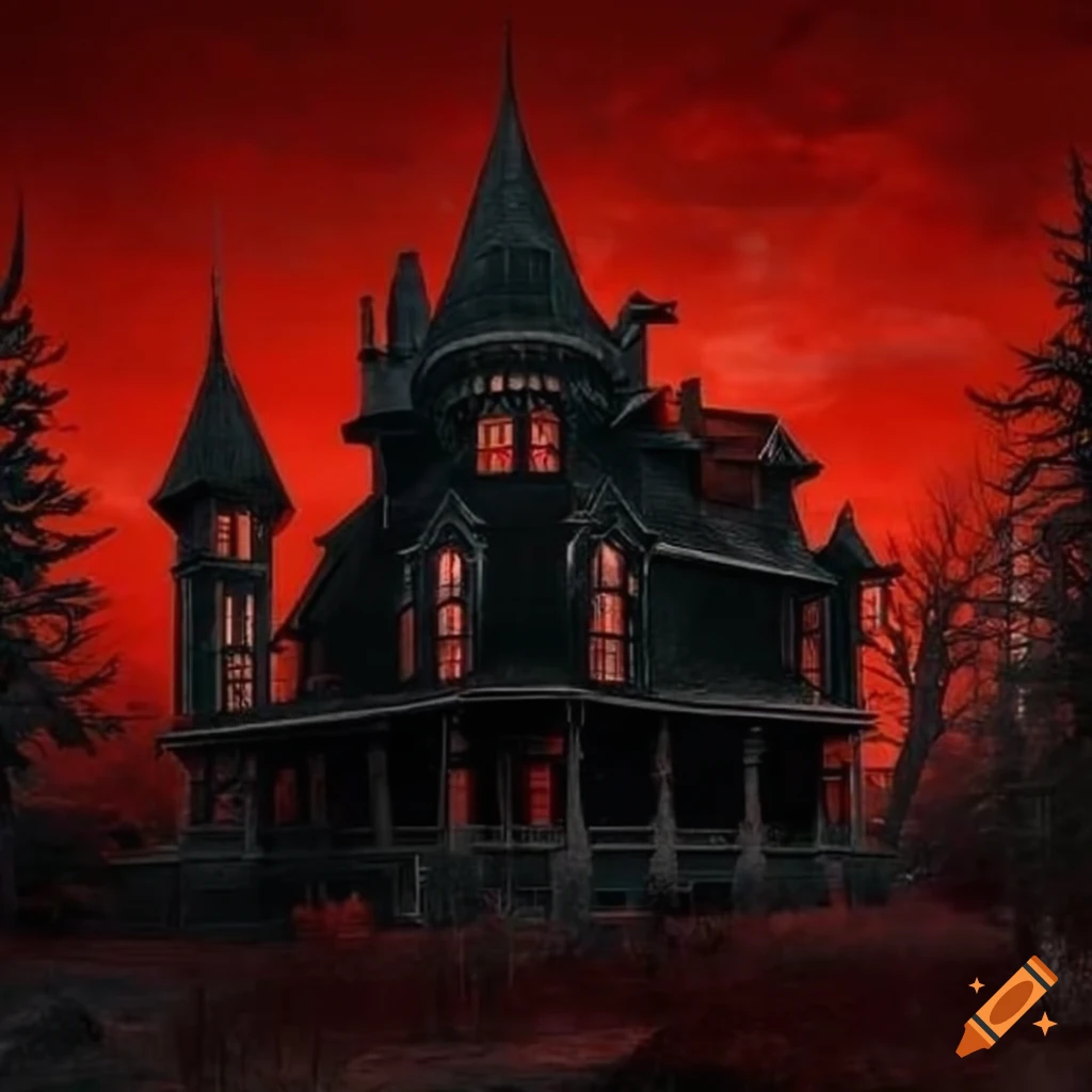 Black gothic victorian style house in a dark yard