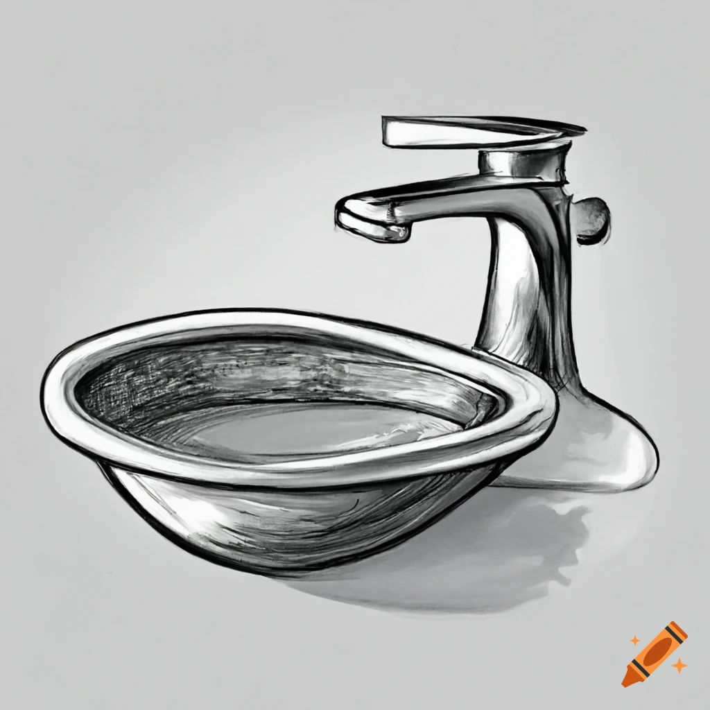 Pencil drawing of water flowing into a metal sink