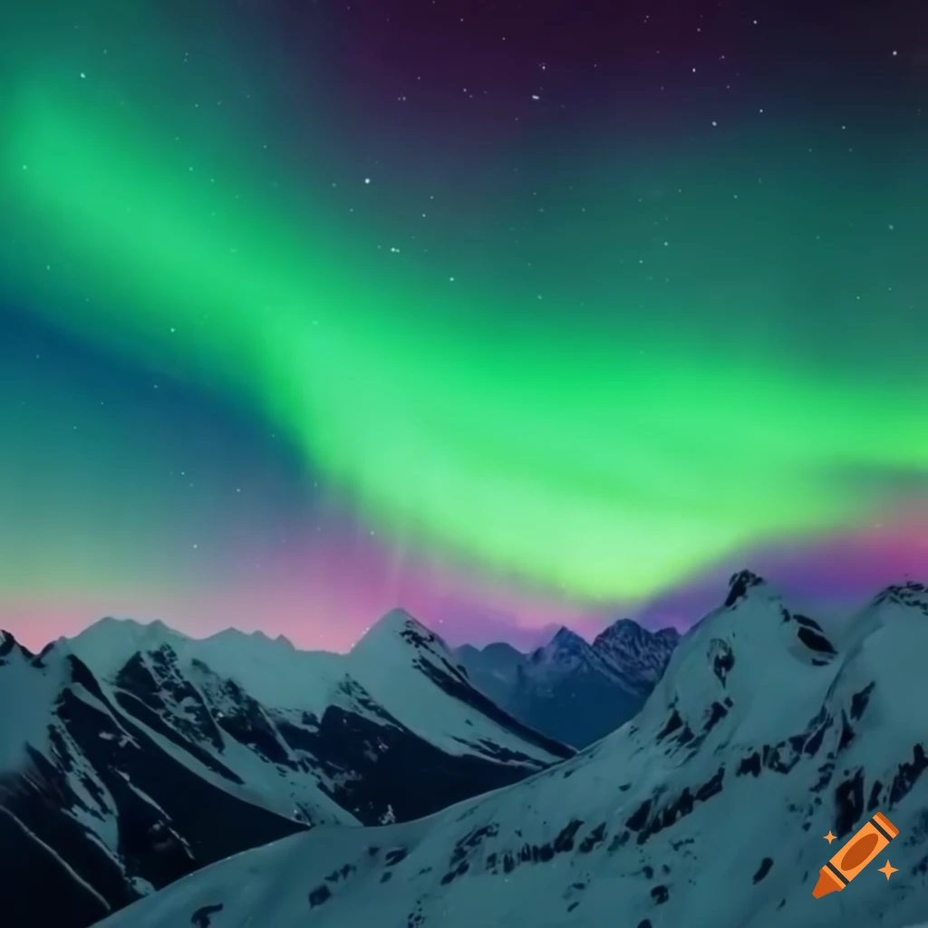 Photograph of mountains under the northern lights on Craiyon