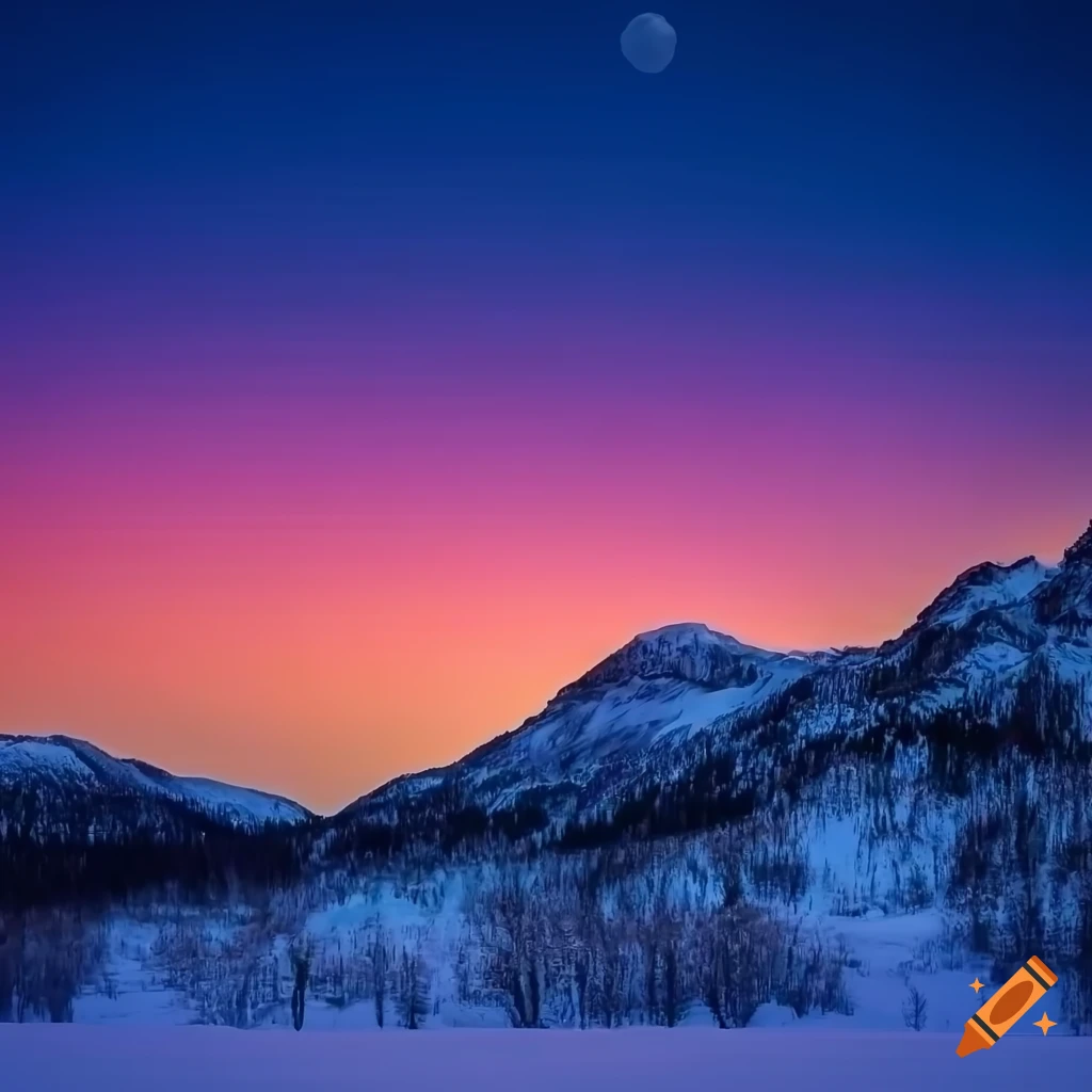 Bright moonlit snowy mountain landscape with colorful sky