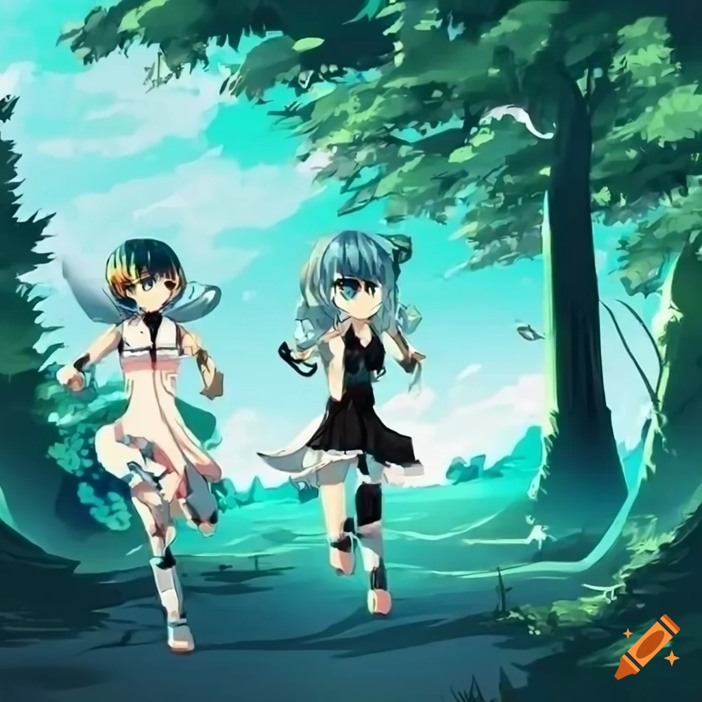 Anime girls running with trees in the background on Craiyon