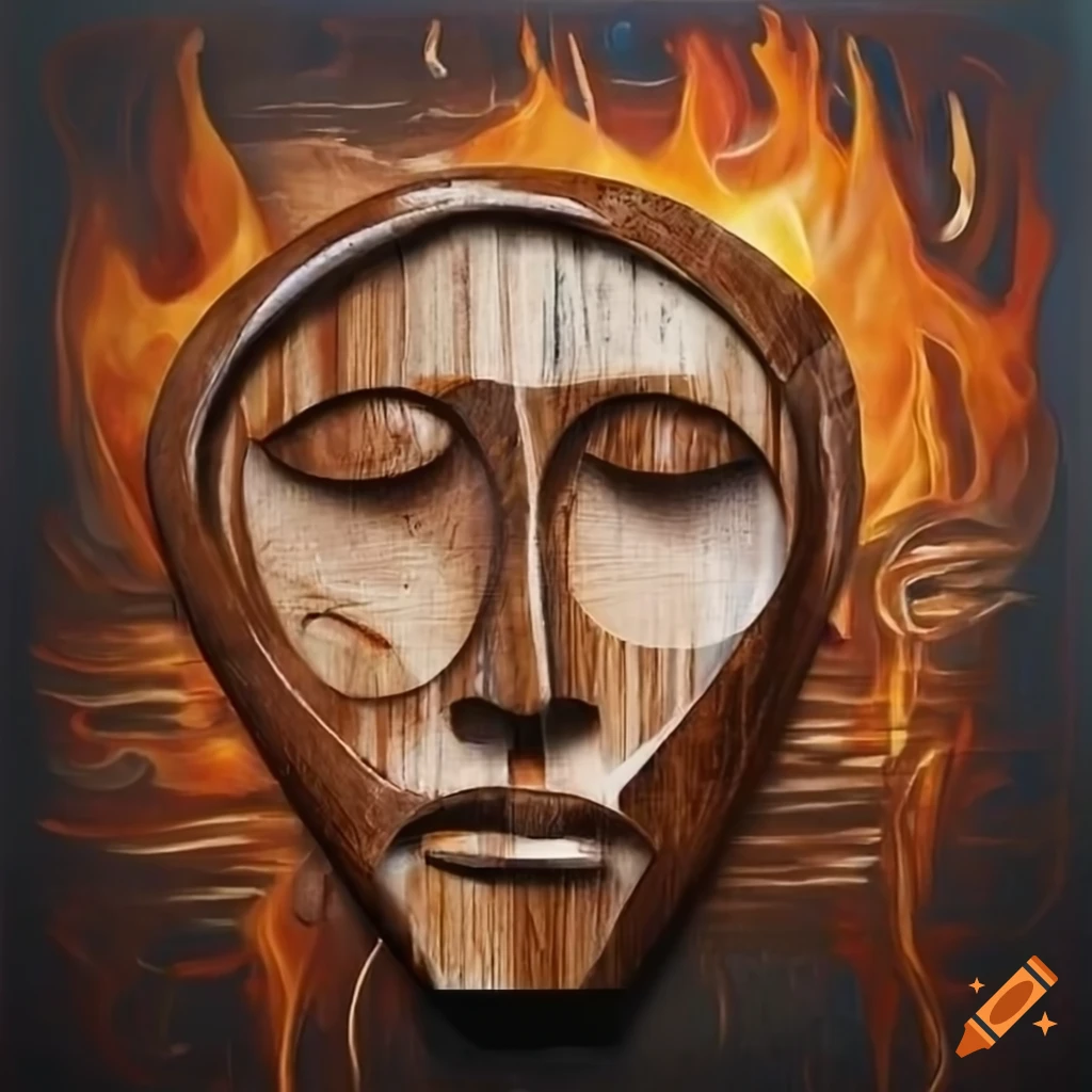 Geometric wooden face painting with fire and water elements