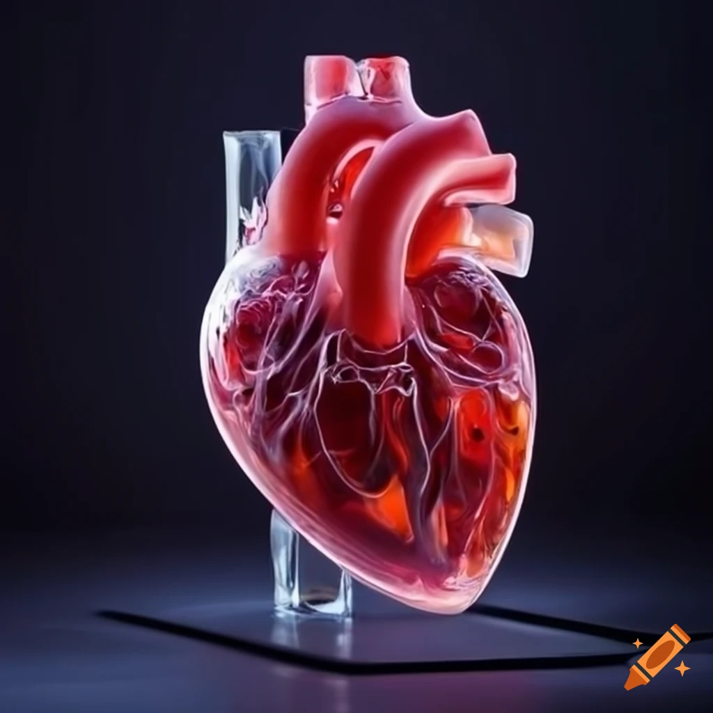 Glass sculpture of a transparent human heart with flowing liquid on Craiyon