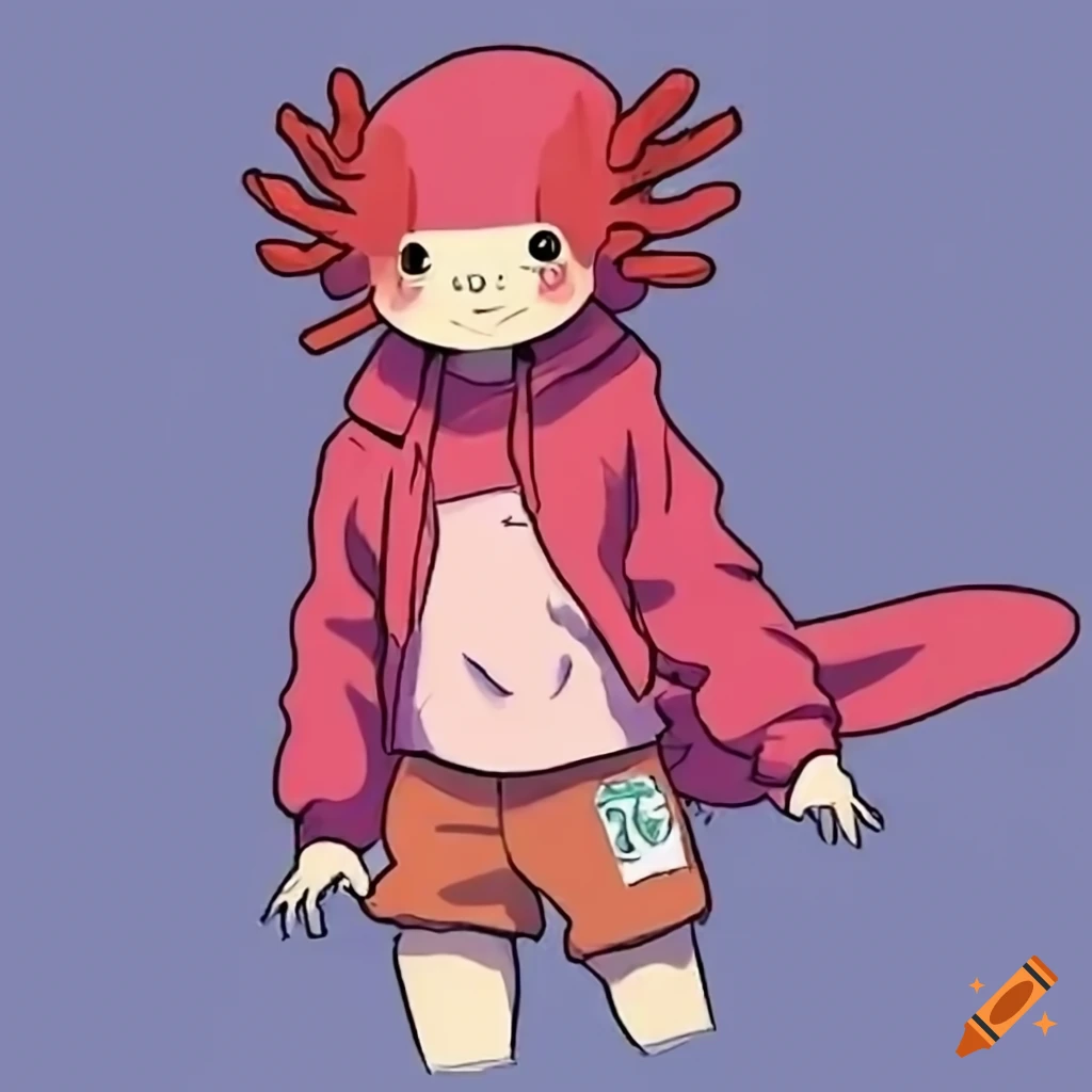 Axolotl hybrid-humanoid in colorful hoodie and sweatpants on Craiyon
