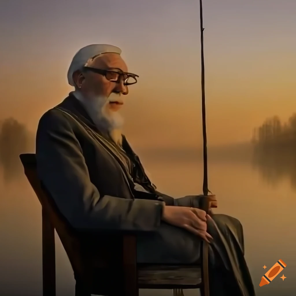 Hyperrealistic depiction of colonel sanders fishing by a lake on Craiyon