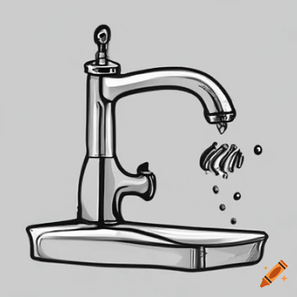 Pencil drawing of water pouring into a metal sink on Craiyon