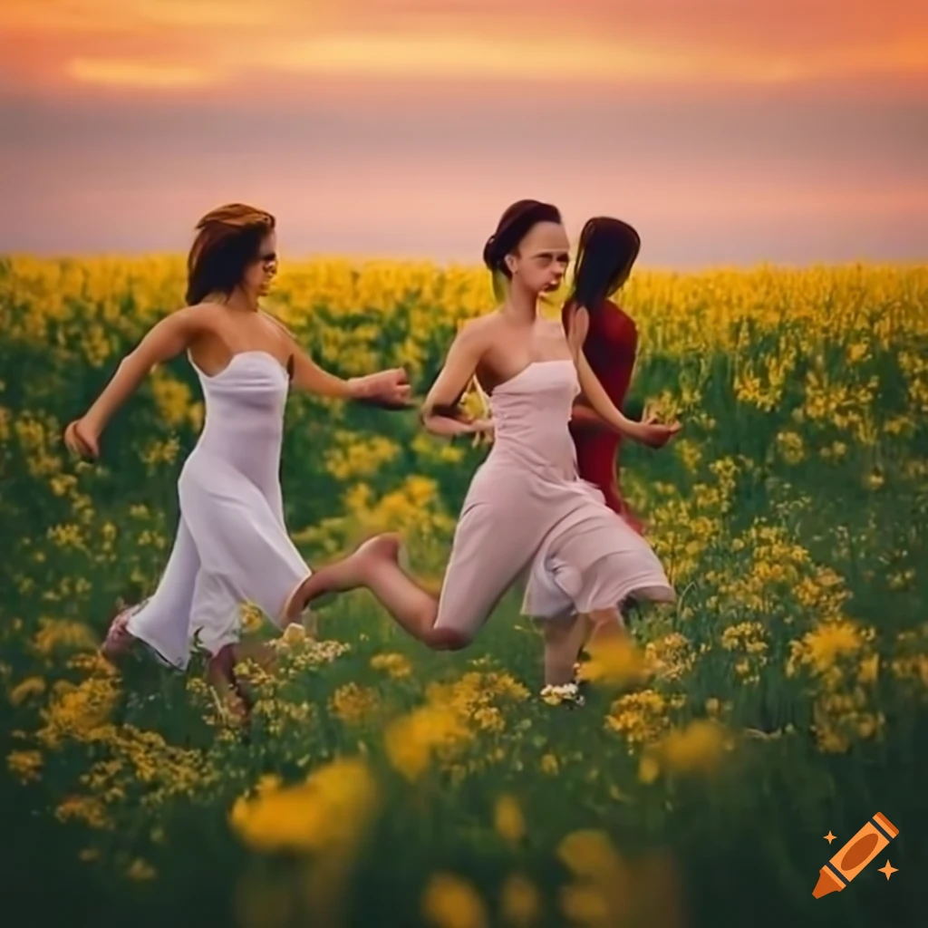 Photo of women running and holding hands in a flower field on Craiyon