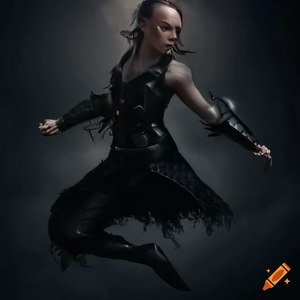 Image of a woman in black armor falling through the sky on Craiyon