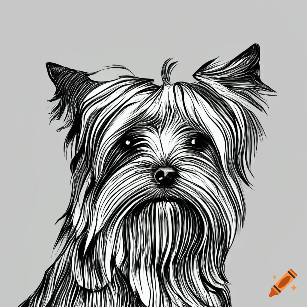 Black and white line drawing of a yorkshire terrier on Craiyon