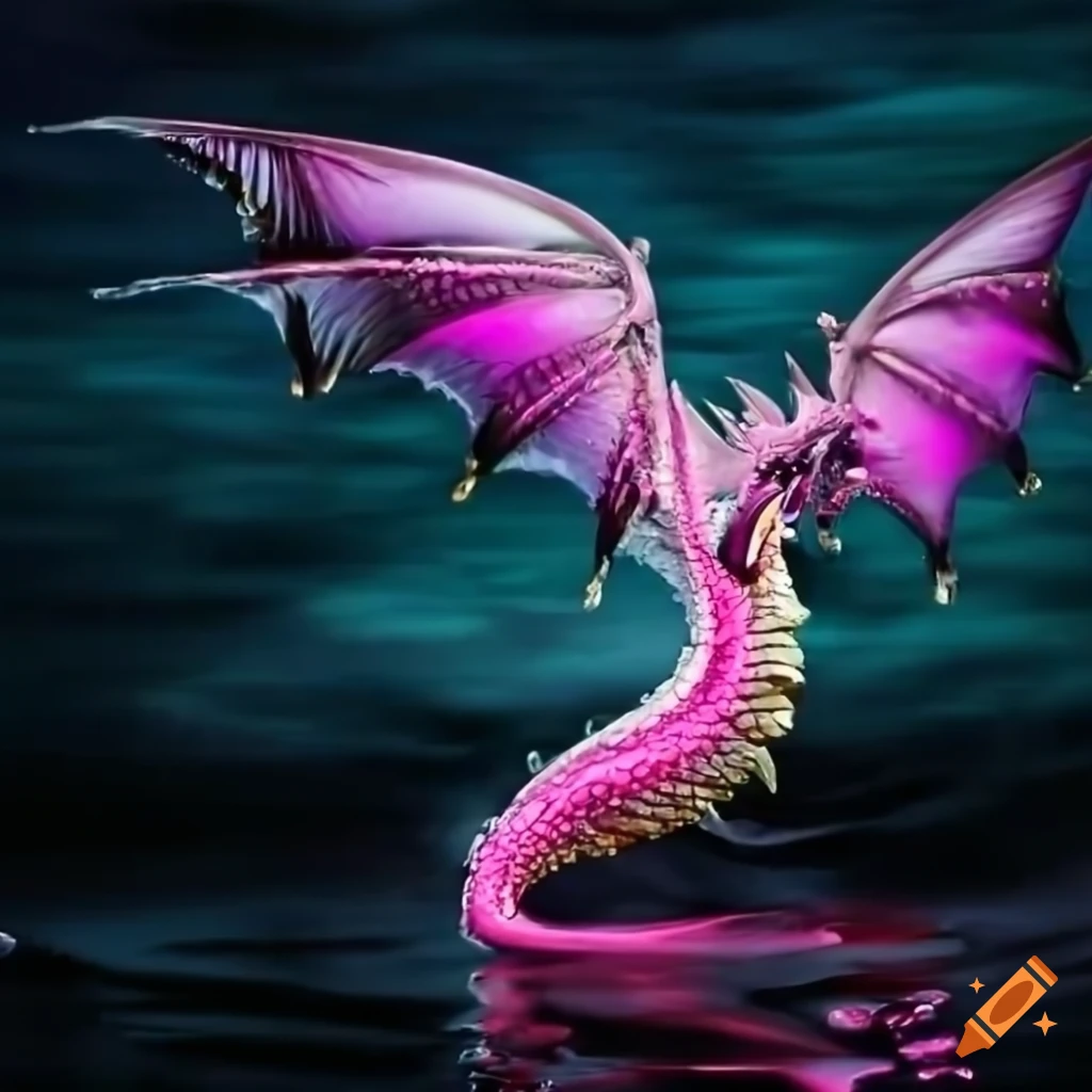 Oil painting of a majestic dragon flying over water on Craiyon