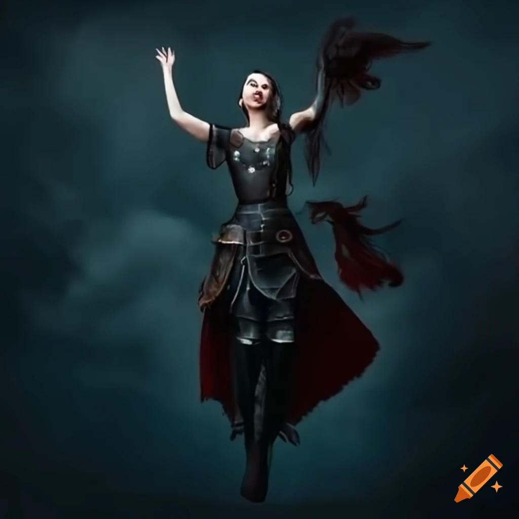 Image of a woman in black armor falling through the sky on Craiyon
