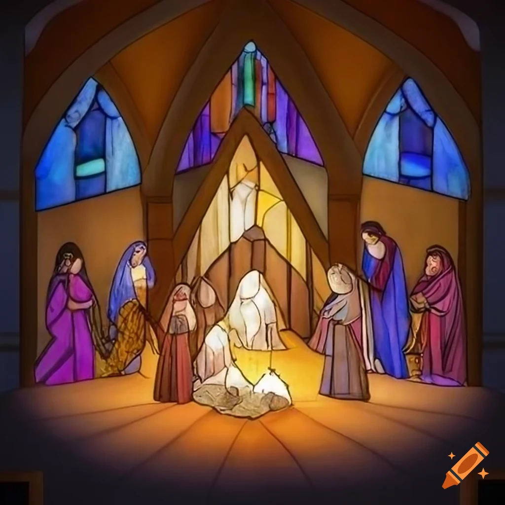 Stained glass style nativity scene with diverse characters