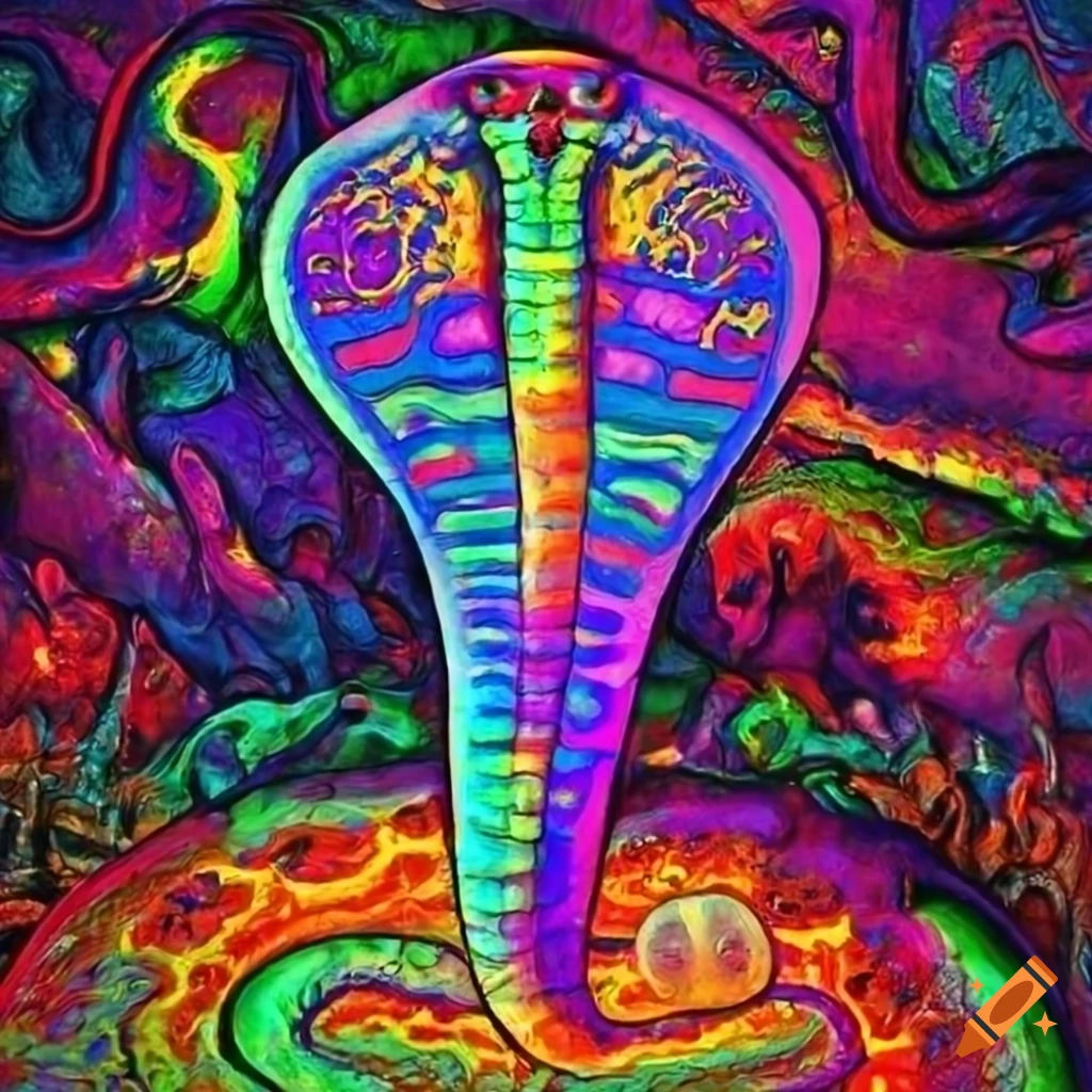Colorful psychedelic cobra in a prehistoric cave on Craiyon