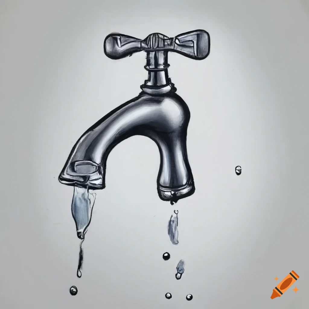 Pencil drawing of water pouring into a metal sink