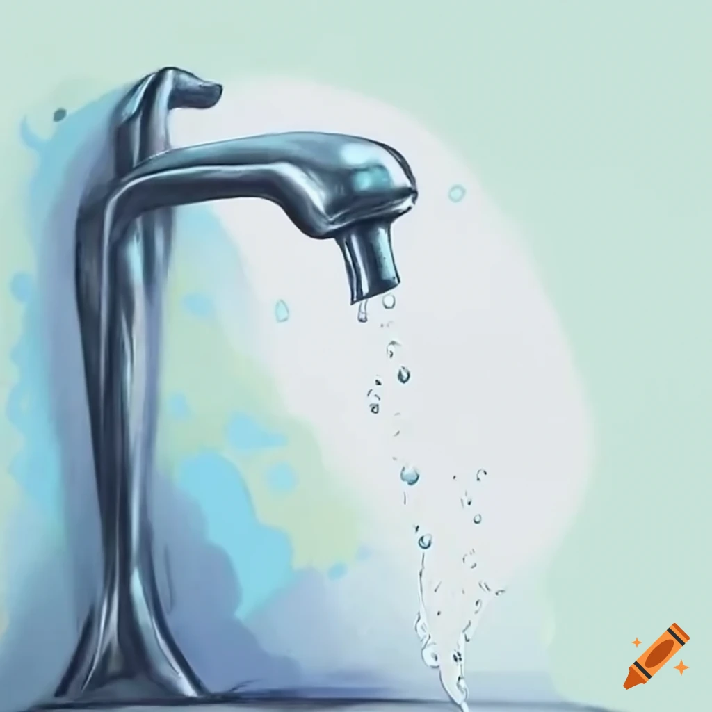 Pencil drawing of water pouring into a metal sink