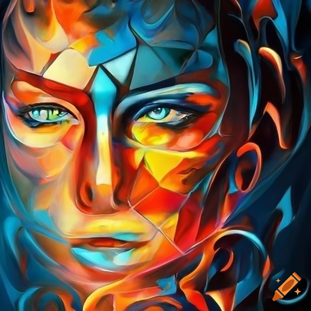 Abstract painting with geometric face on fire and water on Craiyon