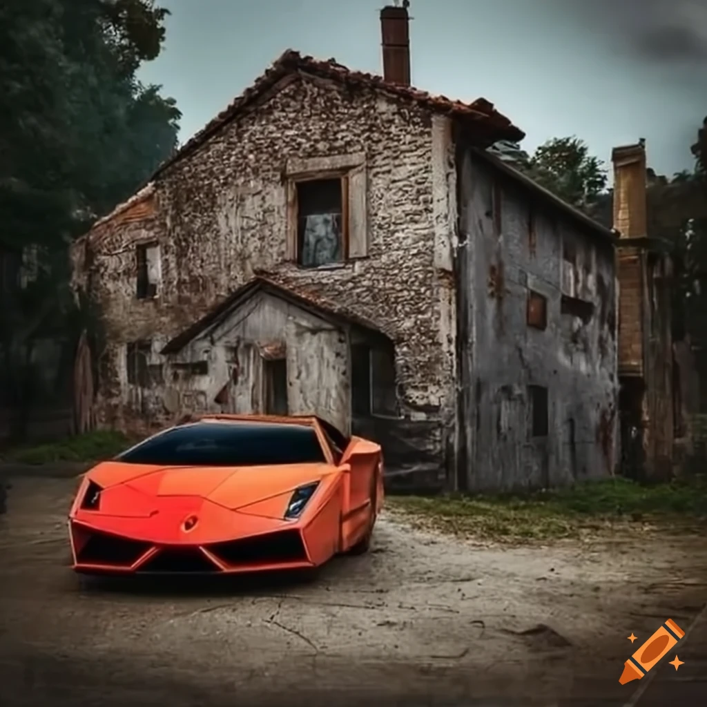 Luxury car parked in front of an old village house