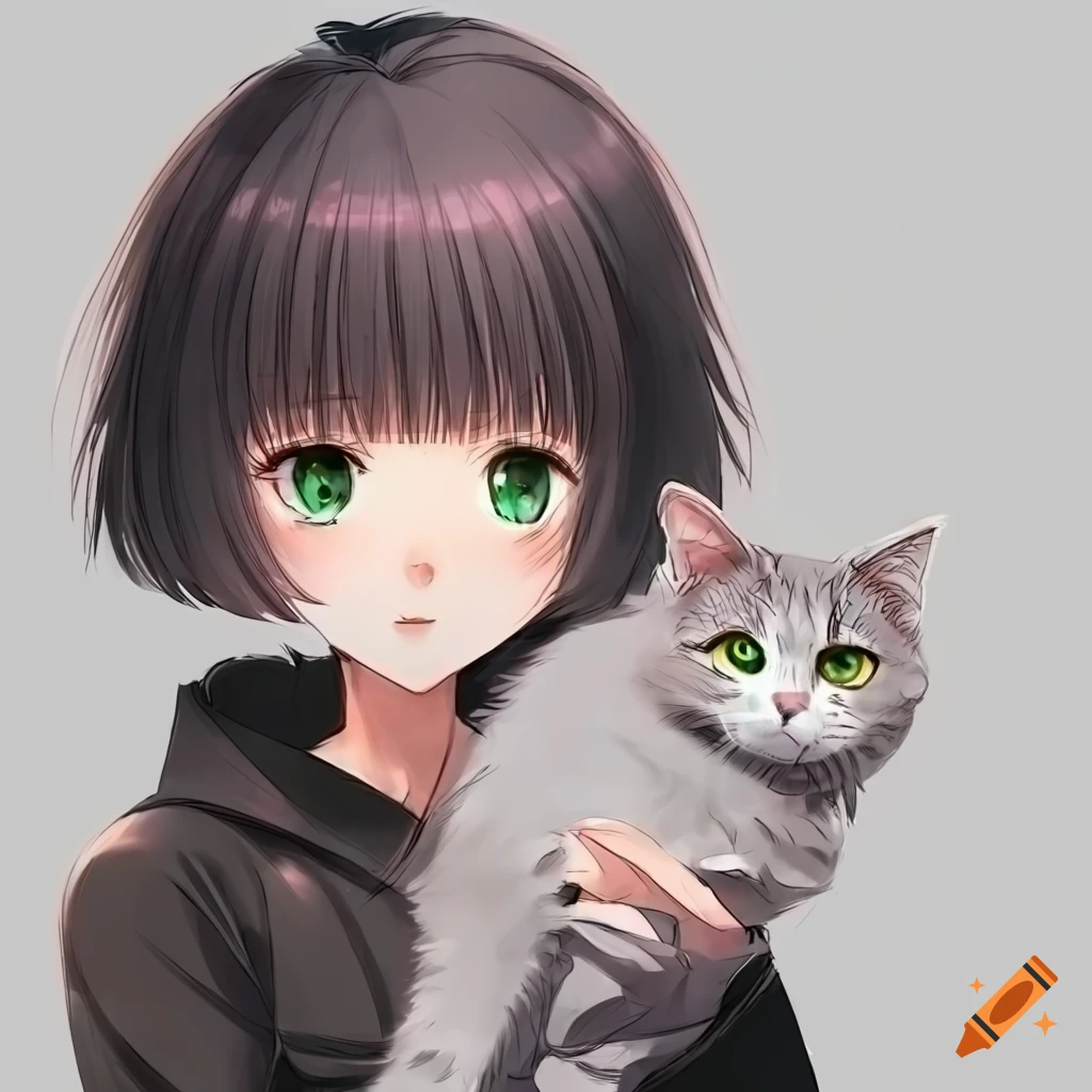 Anime style girl with her long-haired cat on Craiyon
