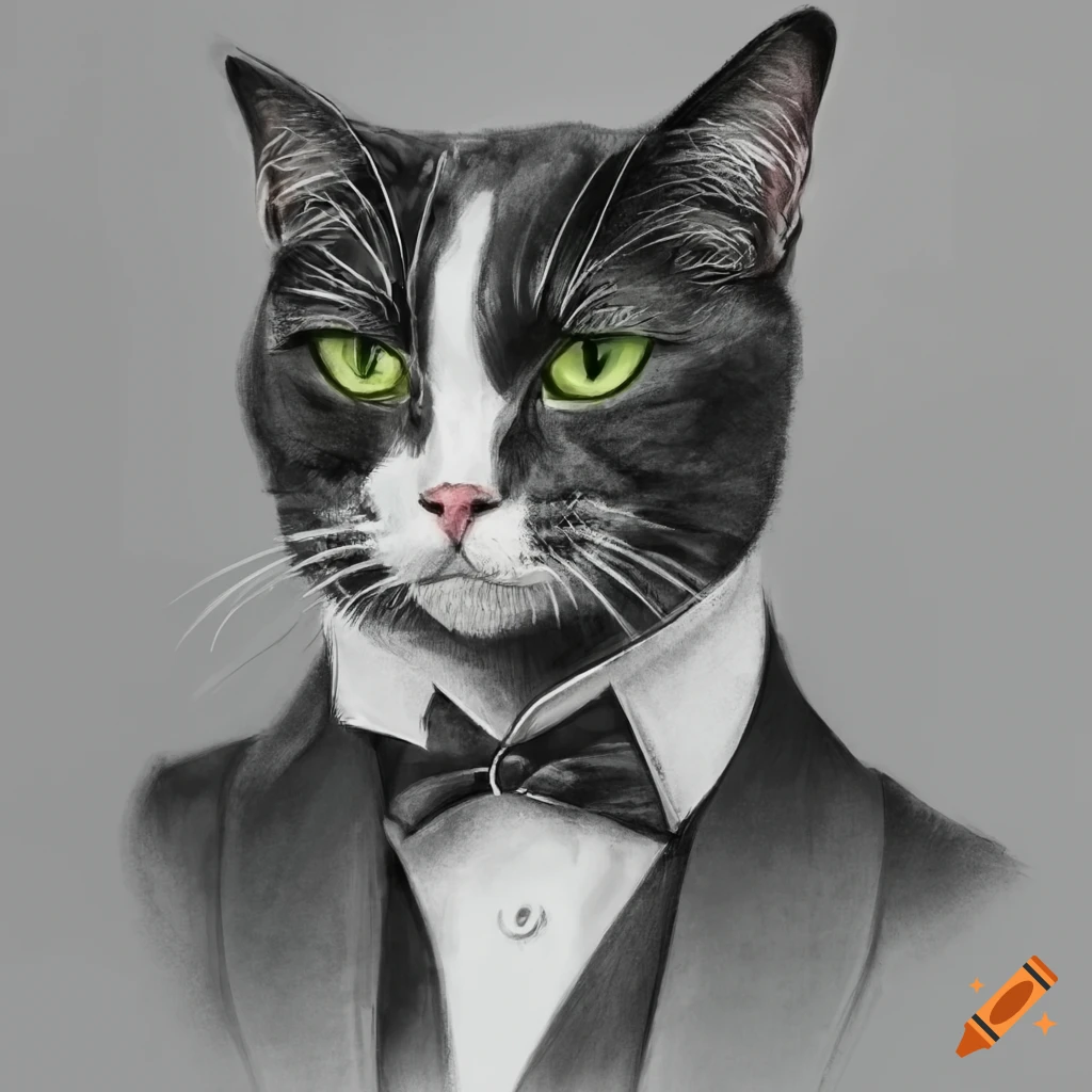 Pencil drawing of a dapper tuxedo cat