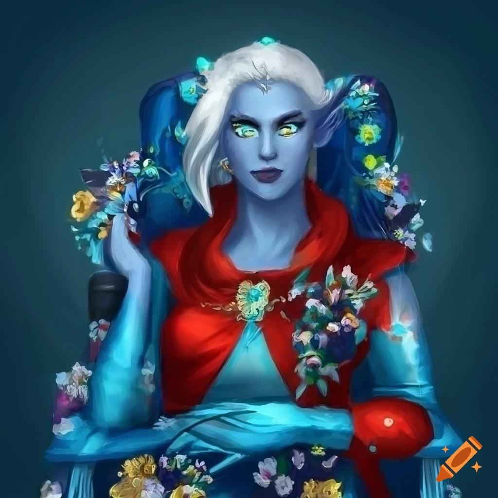 Portrait of a blue sea-elf merfolk in a red dress