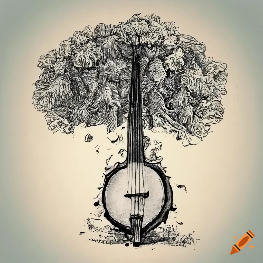 Ink drawing of banjo and fiddle under a tree