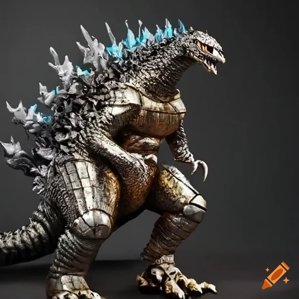 Image of a heavily armored metallic godzilla on Craiyon