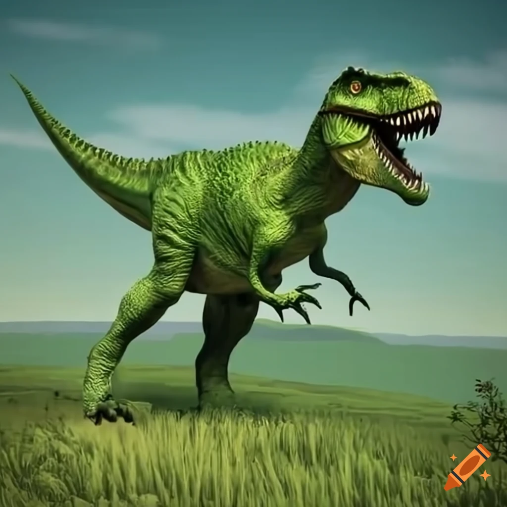 Image of a giant green dinosaur in tall vegetation on Craiyon