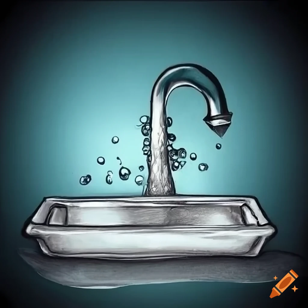 Pencil drawing of water flowing into a metal sink