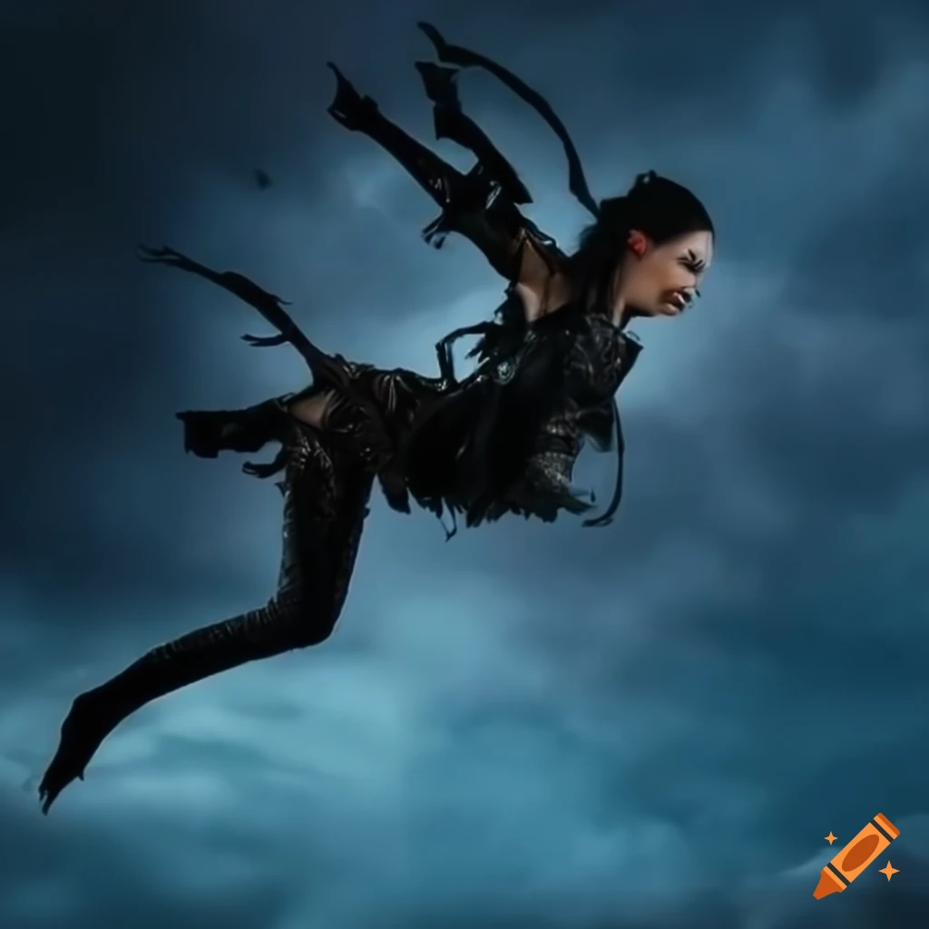Image of a woman in black armor falling through the sky