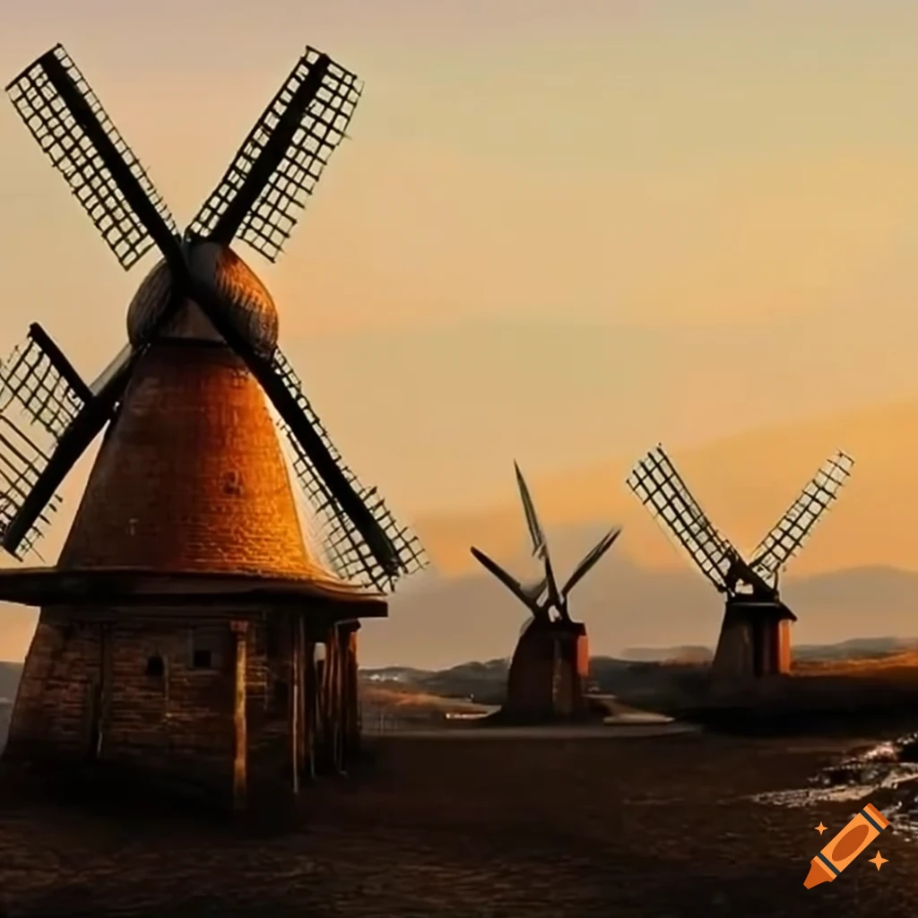 Sunset skyline with ancient windmills on Craiyon