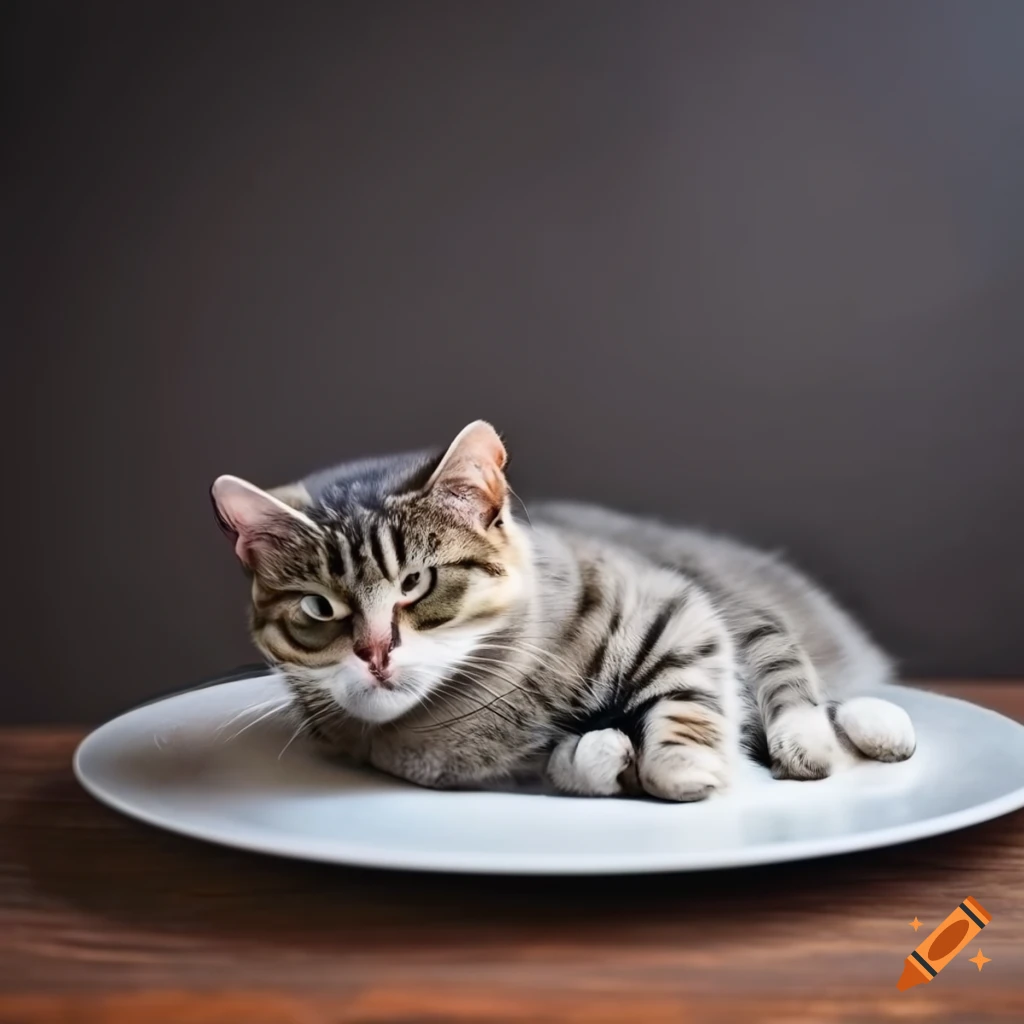 Cat sleeping on a dinner plate