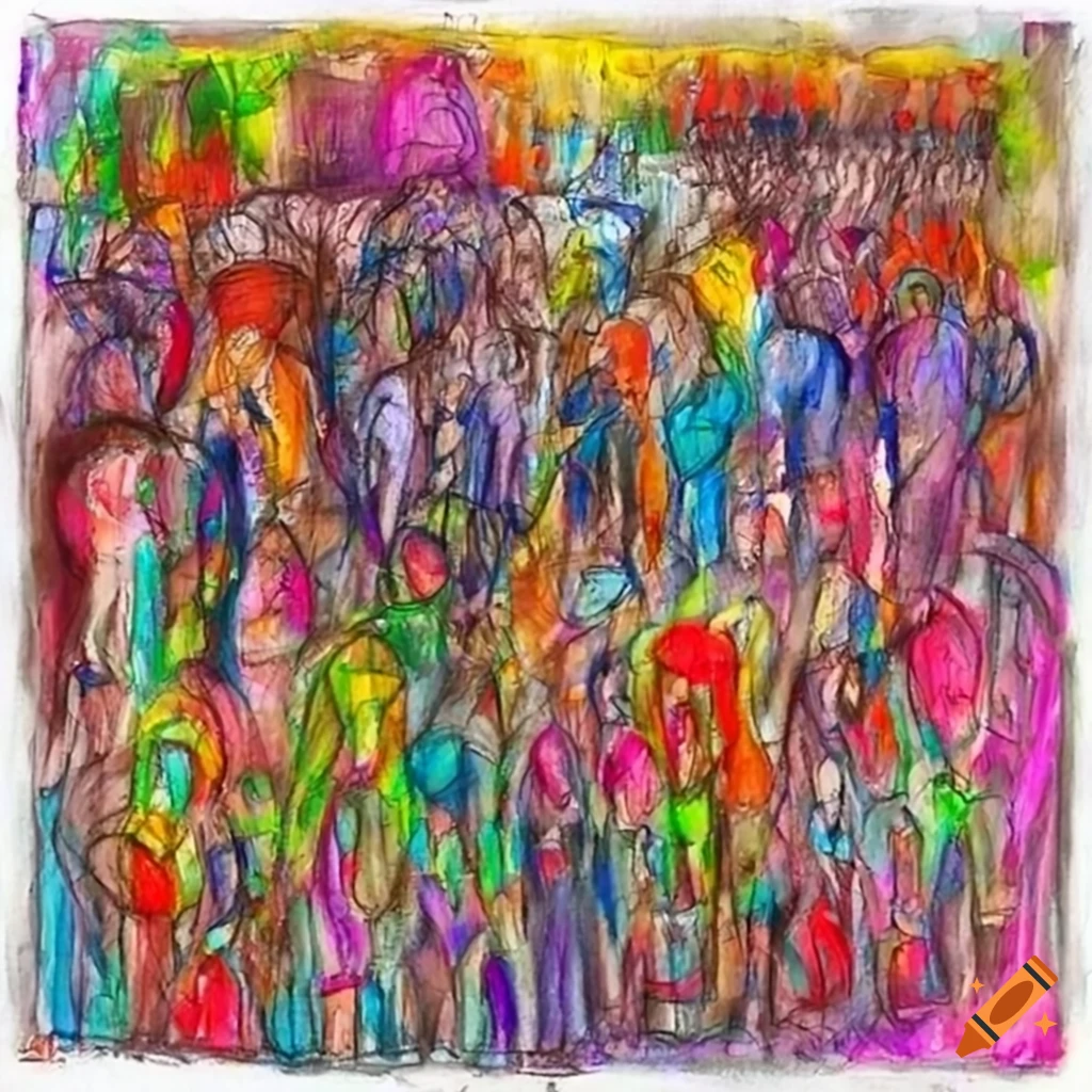 Charcoal painting of a crowd in a maze