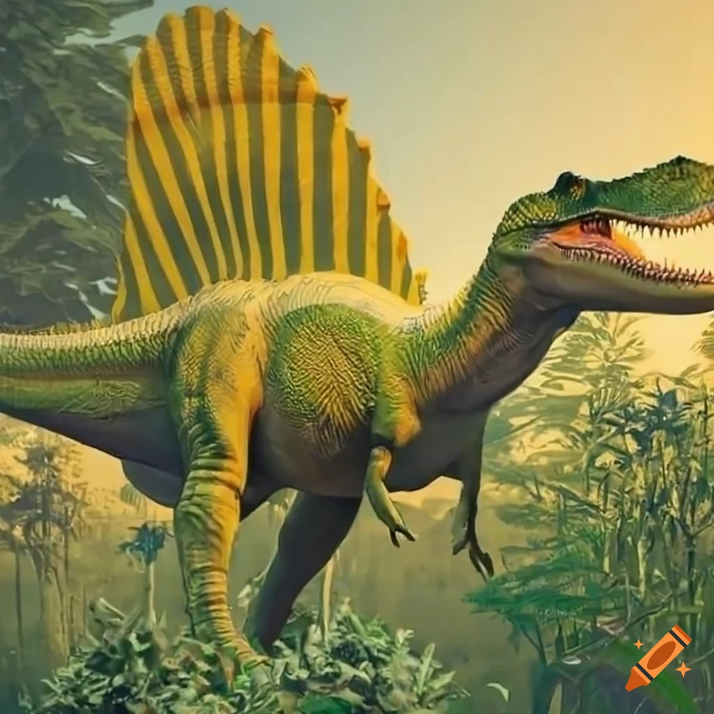Image of a yellow spinosaurus in tall vegetation on Craiyon