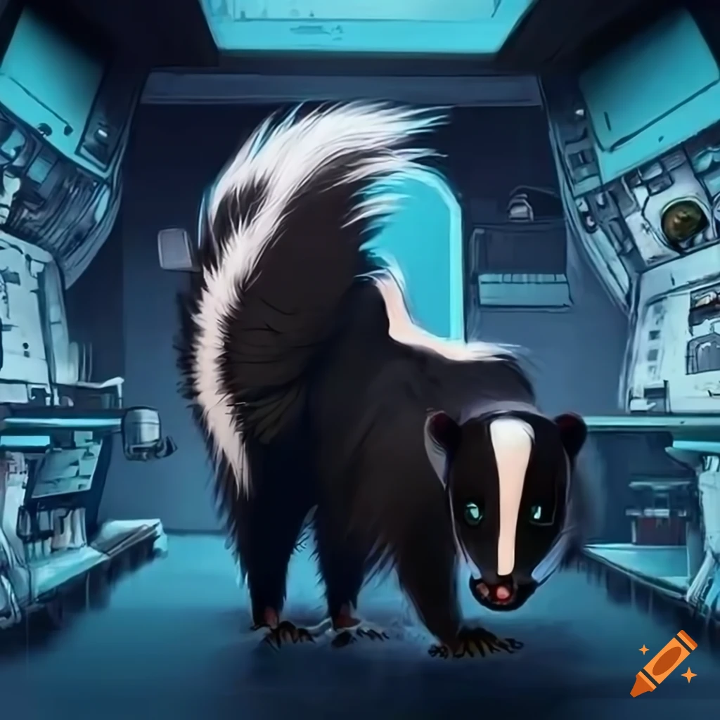 Anime-style illustration of a skunk being examined in a space lab on ...