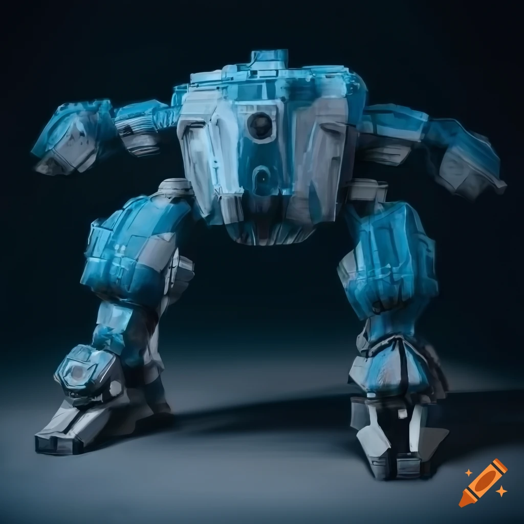 Light blue amphibious mech standing on the seaside