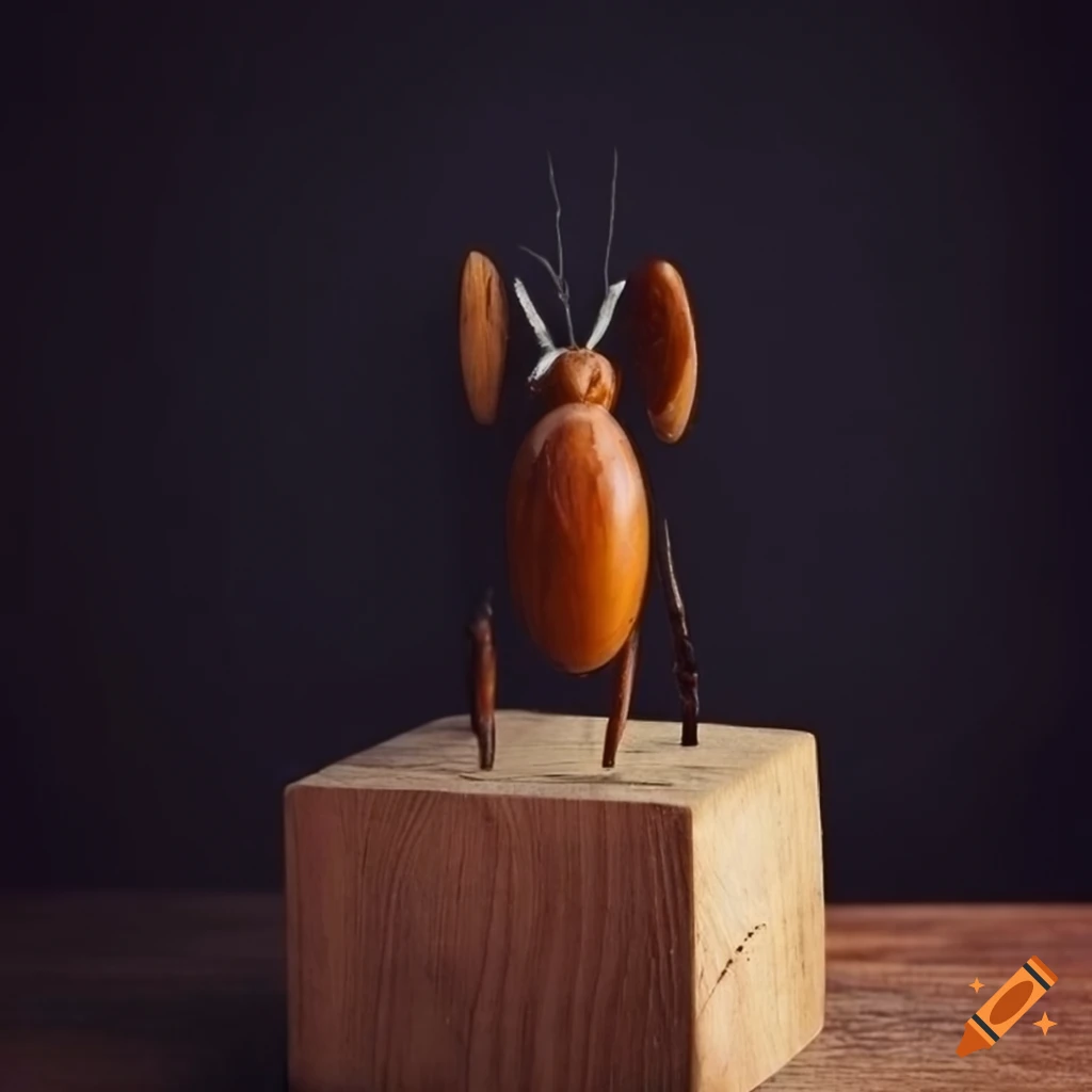 Vintage photo of wooden insect figurine on pedestal