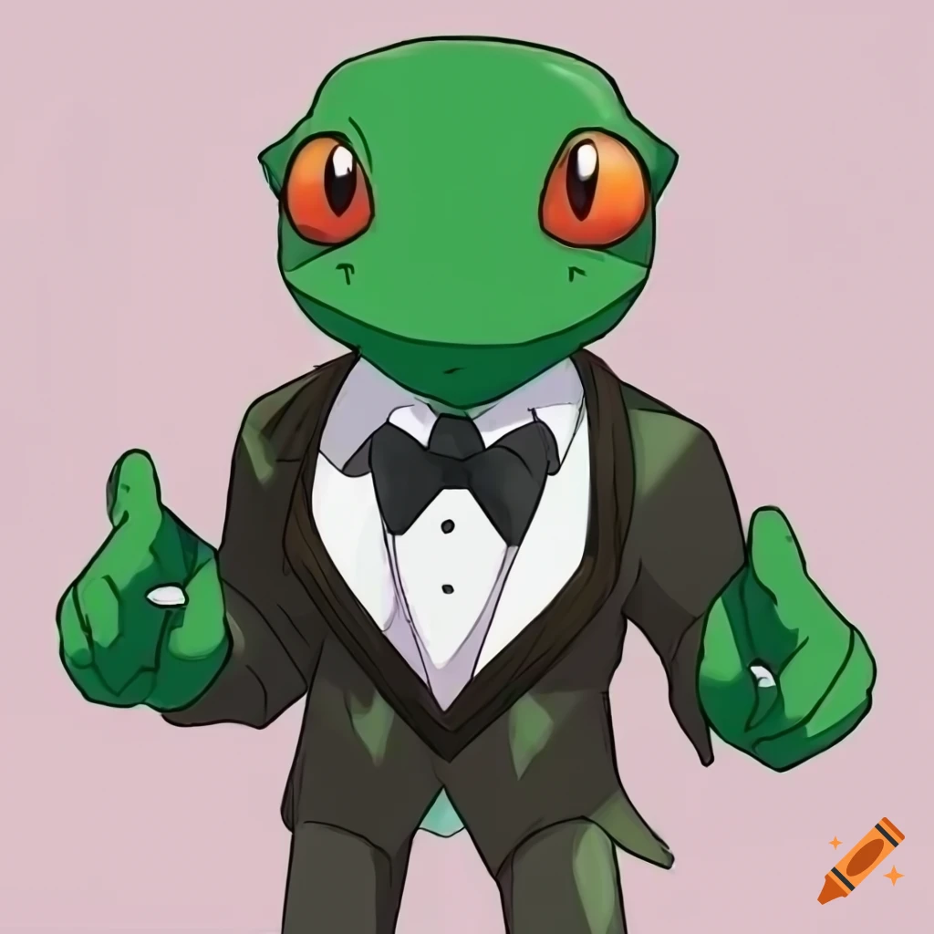 Image of a frog pokémon wearing a green tuxedo and a gray mustache