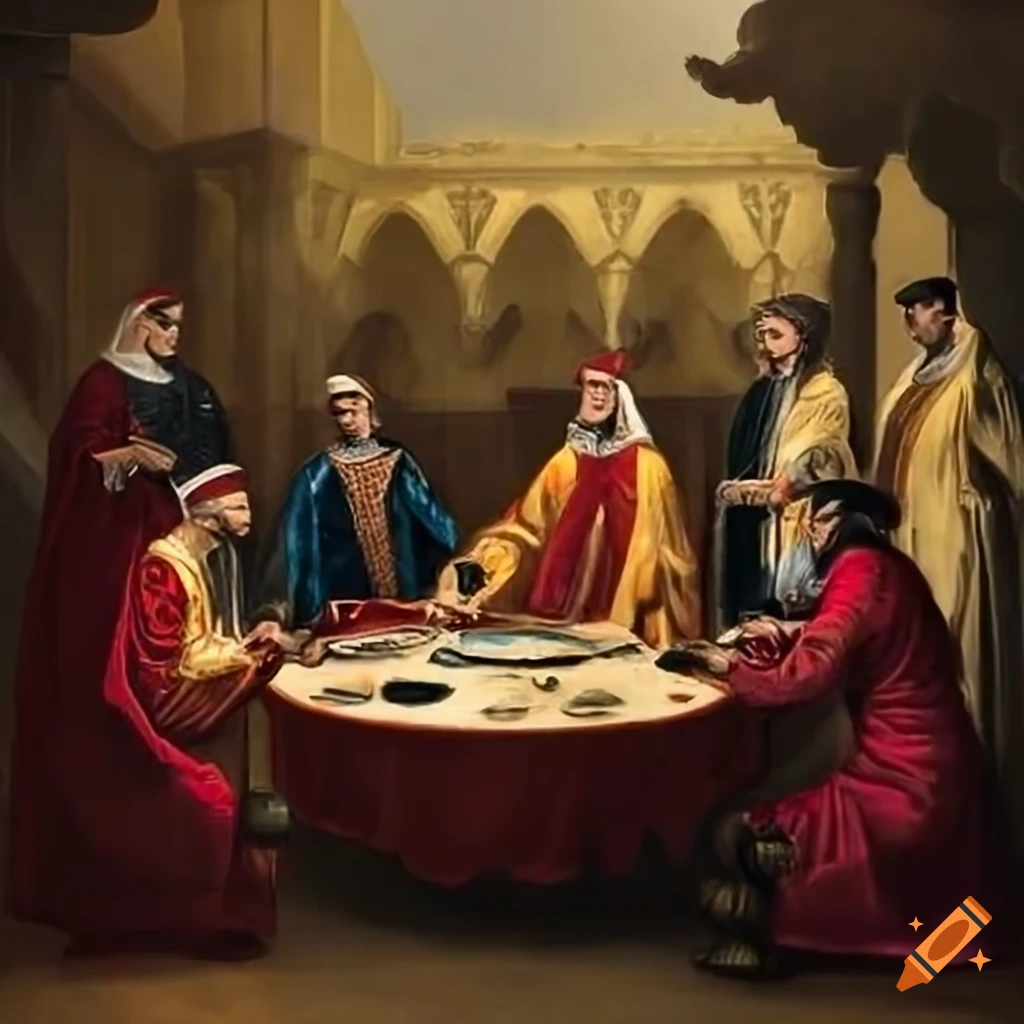 Renaissance painting of men in arabic dress discussing business