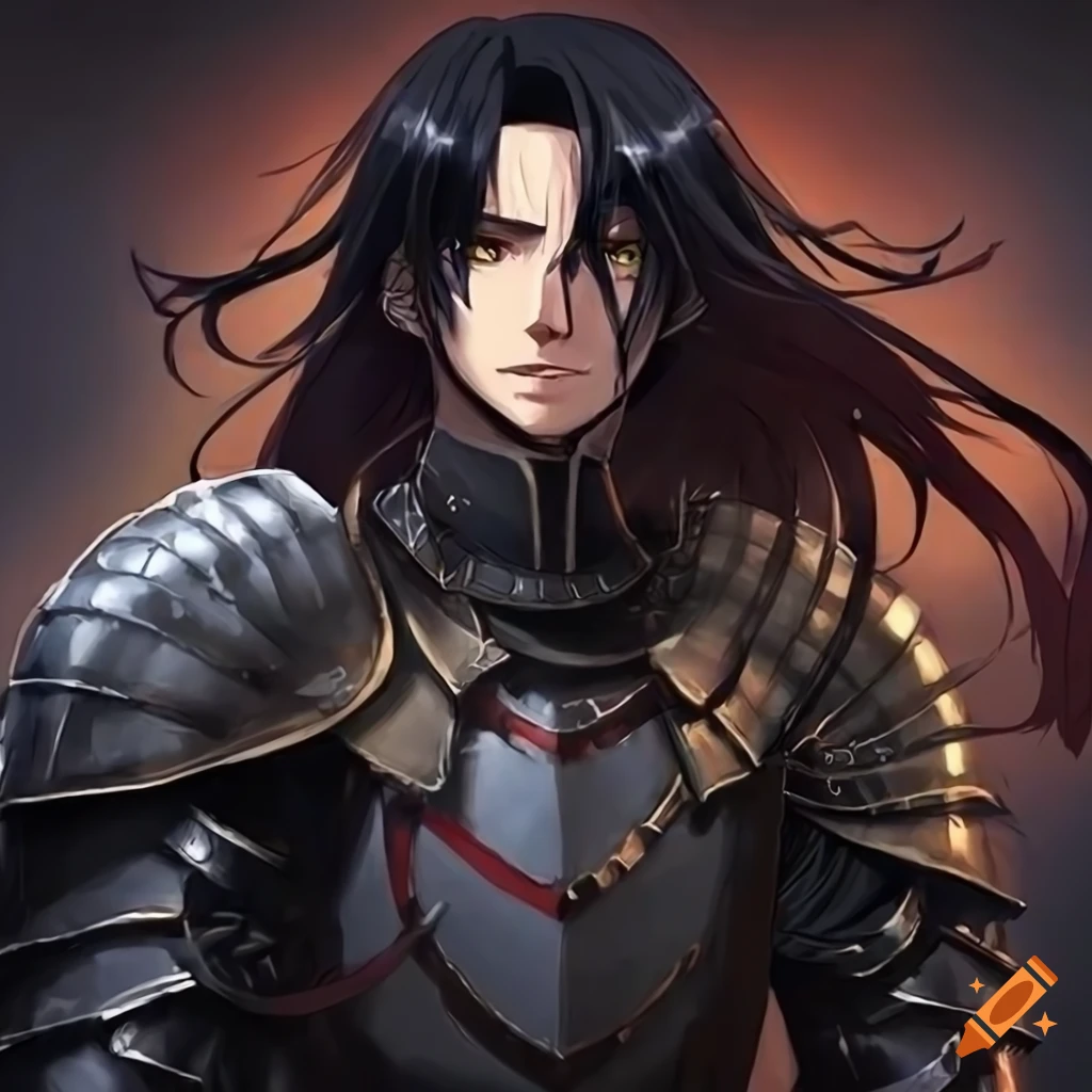 Anime general in black armor with long black hair