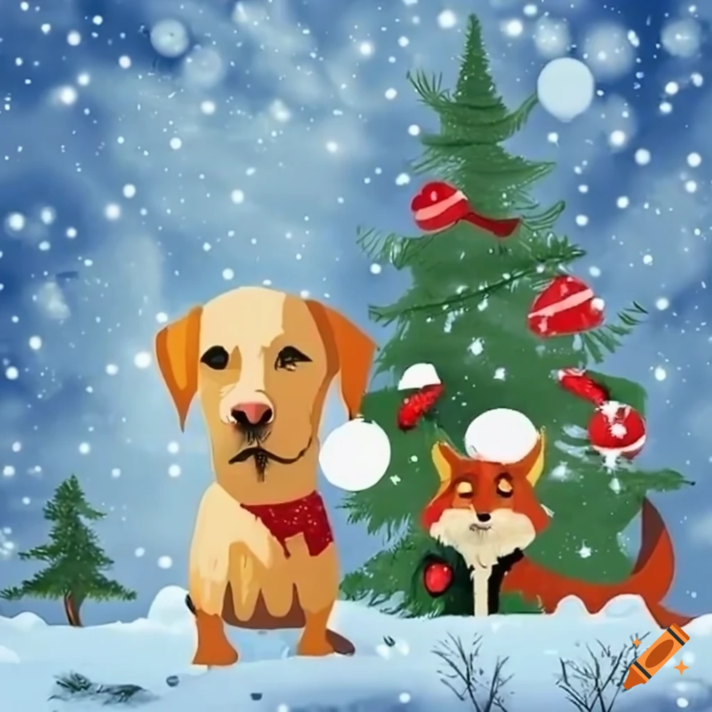 Christmas scene with a yellow labrador and a fox on Craiyon
