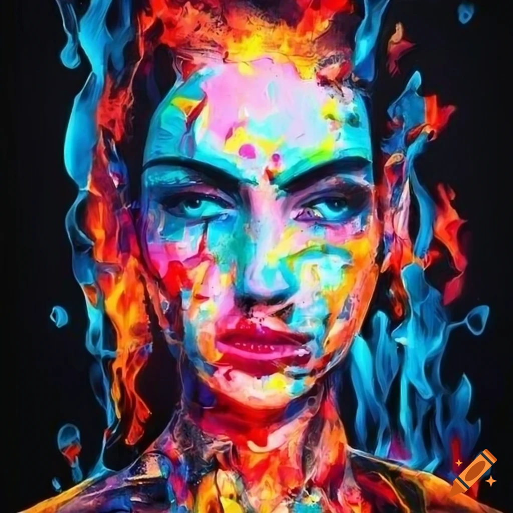 Abstract painting of a geometric face on fire and water on Craiyon