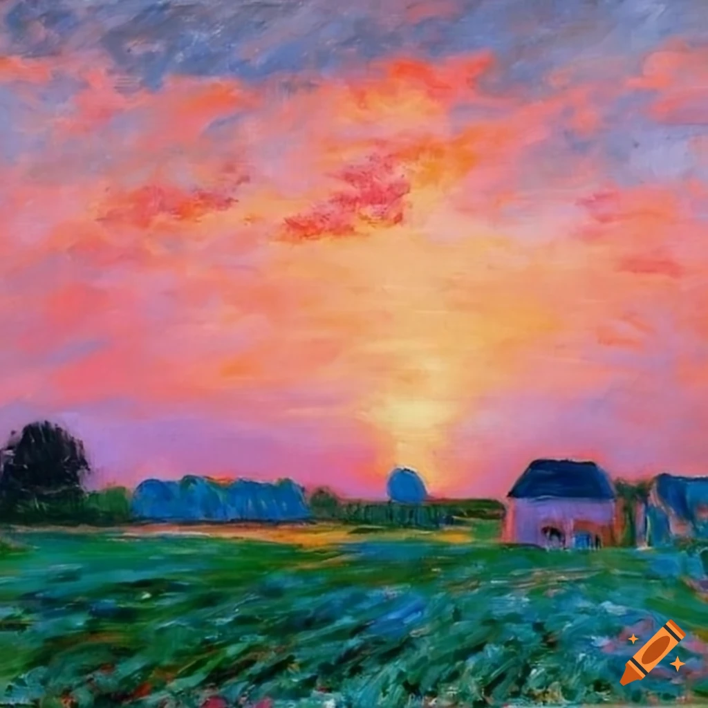 Monet painting of a colorful sunset over a farm