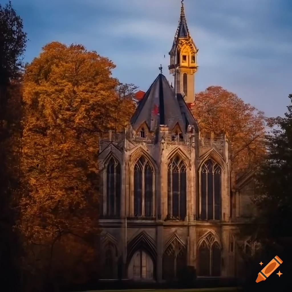 Gothic college building with clock tower and autumn trees on Craiyon