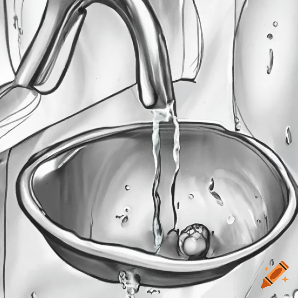 Drawing of water pouring into a metal sink on Craiyon