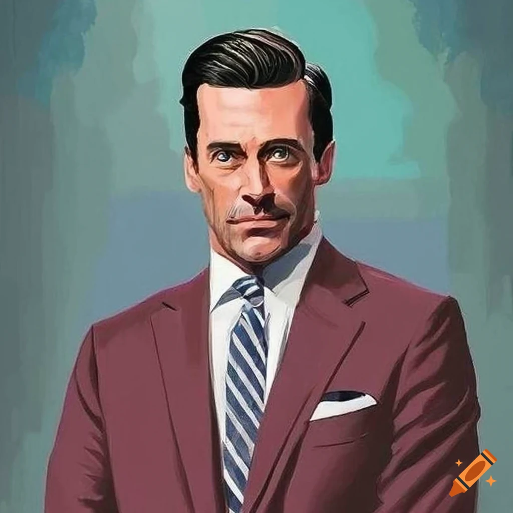 Colorful book illustration of jon hamm as don draper