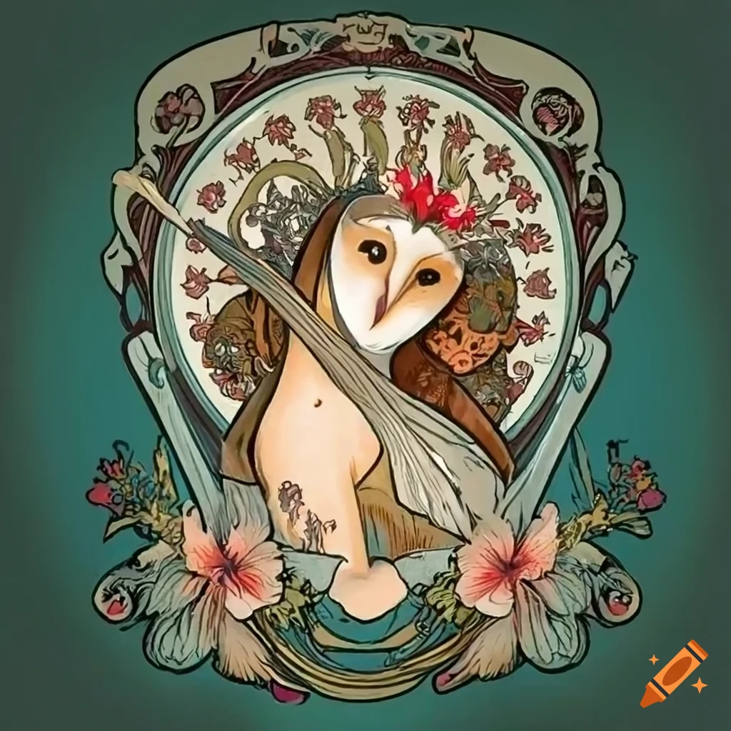 Mucha-style illustration of a barn owl with hibiscus crown on Craiyon