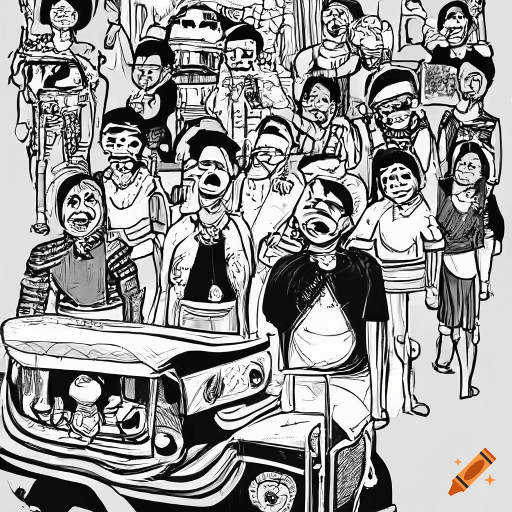 Cartoon of filipino people in jeepney