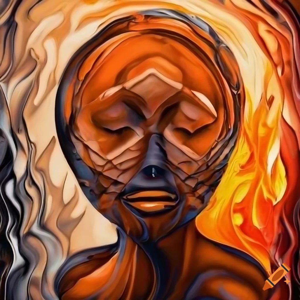 Geometric abstract painting of a body on fire and water