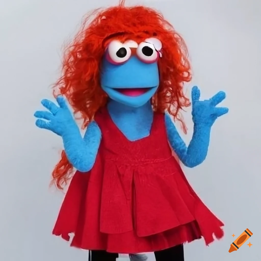 Blue muppet with red hair, dress, and glasses on Craiyon